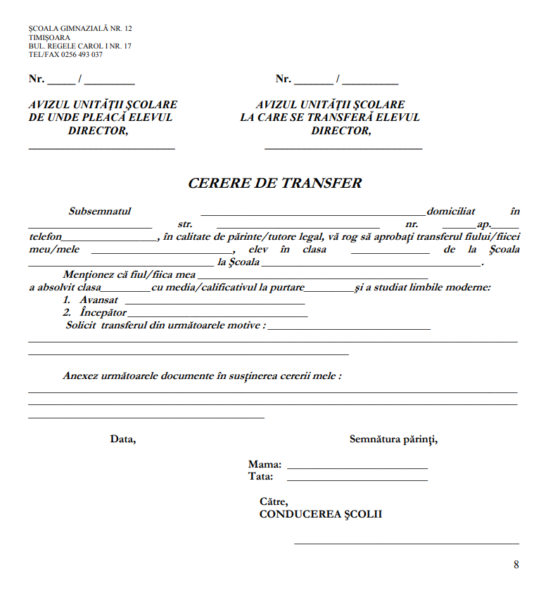 TRANSFER ELEVI – ȘCOALA GIMNAZIALĂ NR. 12, TIMIȘOARA