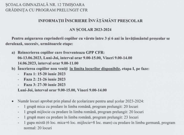 INSCRIEREA IN INVATAMANTUL PRESCOLAR Calendar, informaţii despre reînscriere-înscriere Cerere de ...